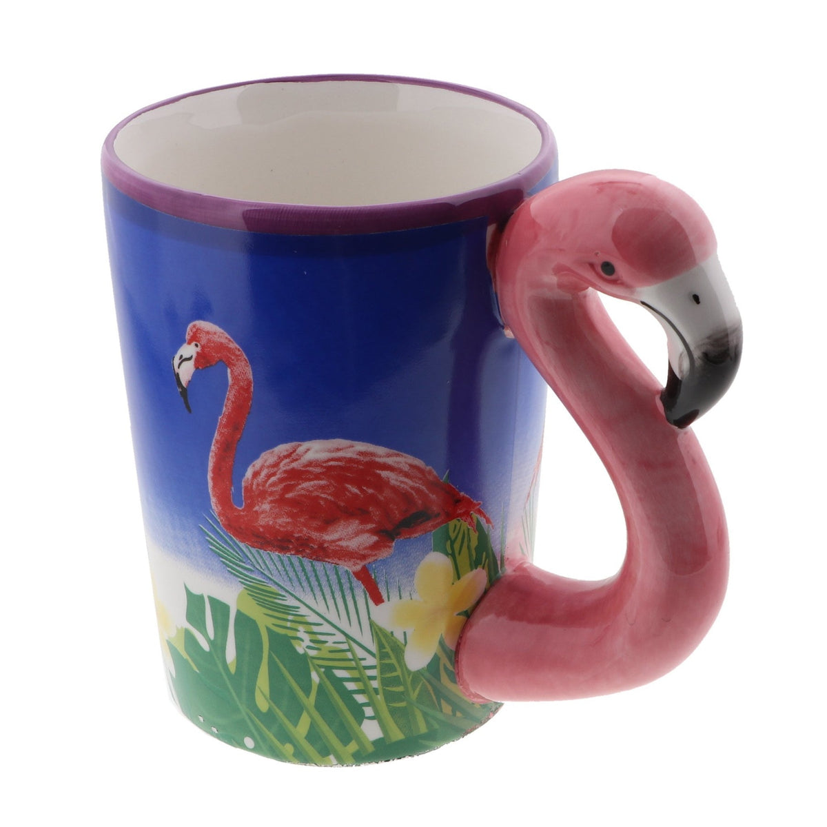 Blue Ceramic Mug with Pink Flamingo Handle